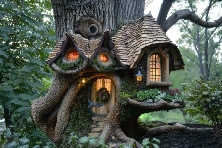 Magical fairytale treehouse nestled amongst lush greenery as