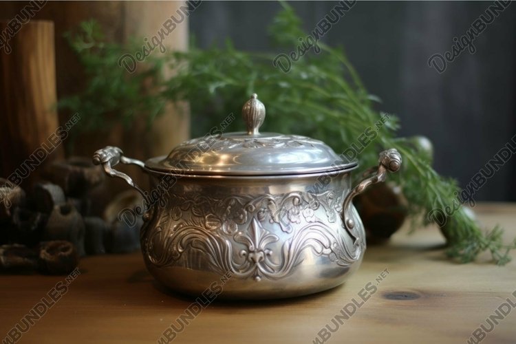 Antique silver serving dish on wooden table
