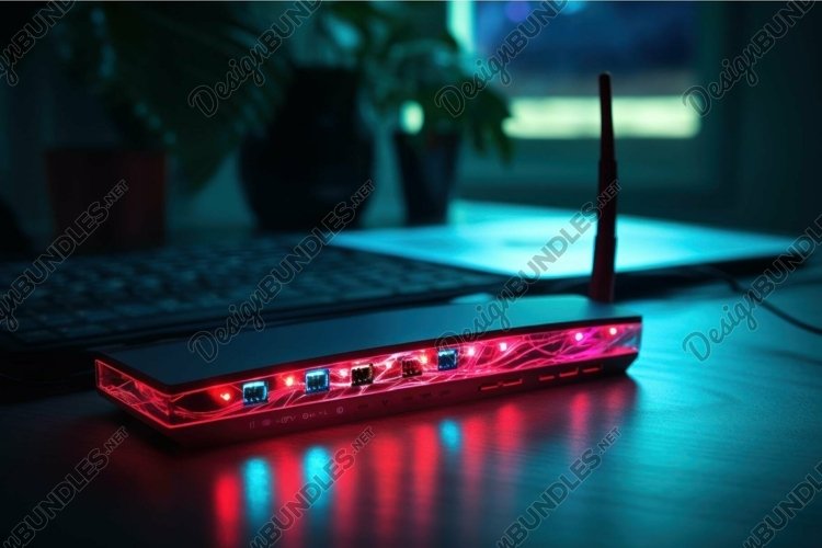 Glowing ethernet router on desk at night