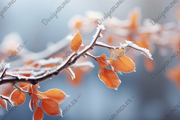 Frozen Branch with Autumn Leaves Background Wallpaper