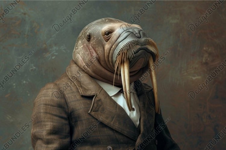 Surreal portrait of a walrus dressed in stylish suit