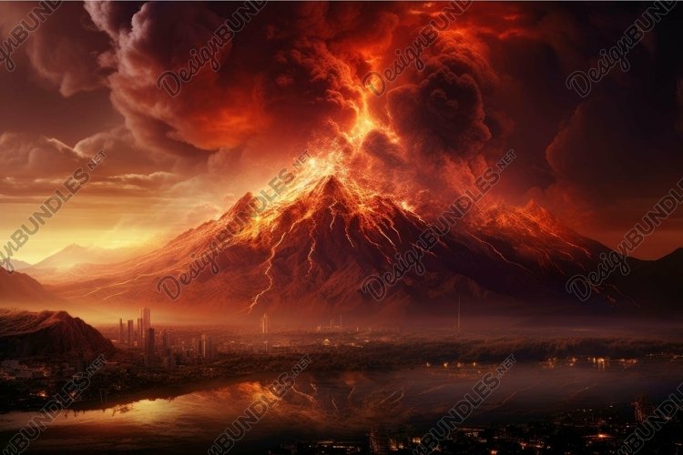 Cataclysmic volcano eruption over cityscape at sunset