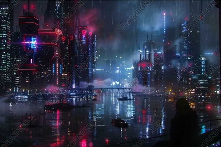 Cyberpunk cityscape with rain at night
