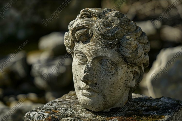 Ancient sculptured stone head outdoors