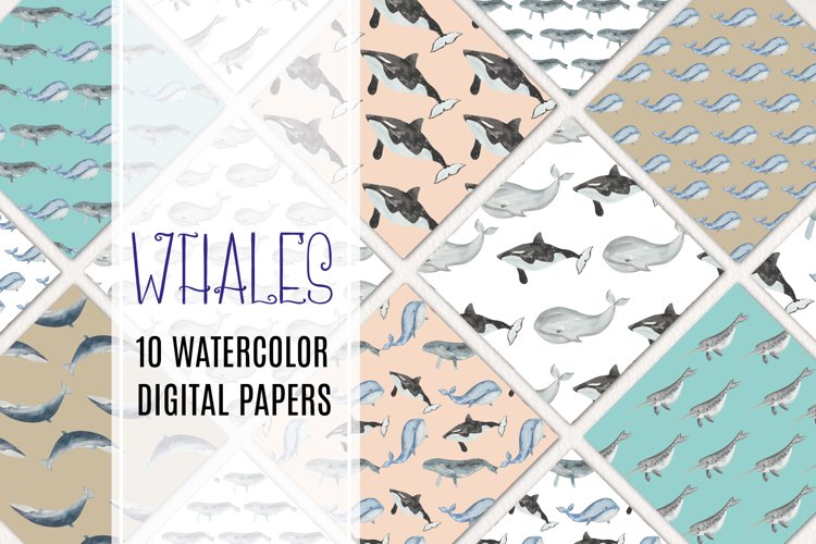 Whales Seamless Patterns Digital Watercolor Narwhal Ocean