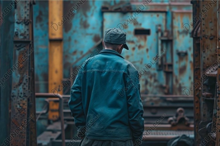 Back view of a worker in blue overalls standing in front of