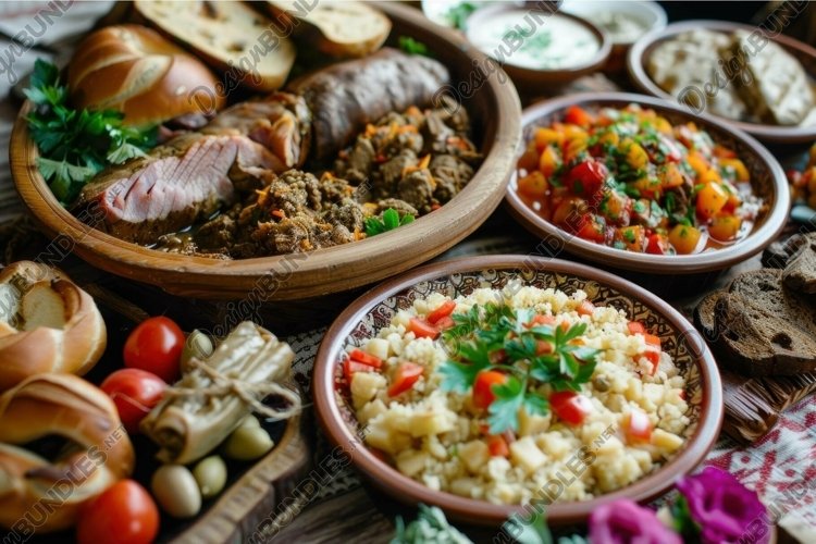 Traditional ukrainian cuisine displayed on table with embroi