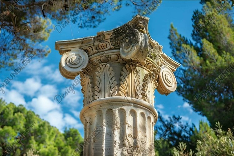 Corinthian order column standing among trees in archaeologic