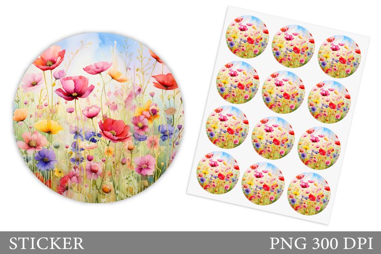 Wildflowers Sticker Template. Flowers Round (4130912)