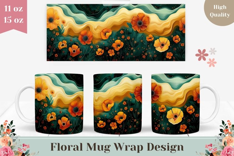 3D Flowers Mug Wrap Design, Floral Mug Template