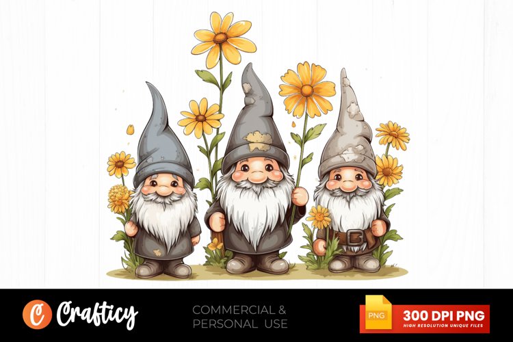 Watercolor Cute Gnomes with Daisy Flower Clipart PNG