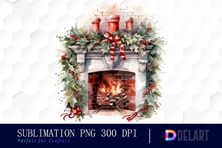 Watercolor Fireplace Decorated Christmas Sublimation Clipart