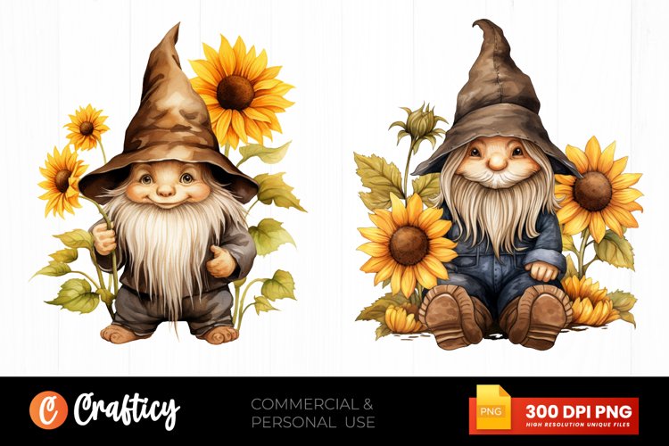 Watercolor Sunflower Gnome Clipart