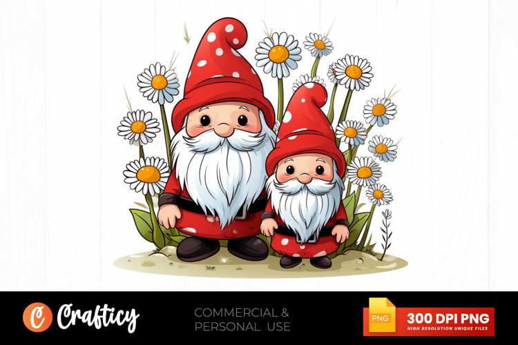 Watercolor Cute Gnomes with Daisy Flower Clipart PNG