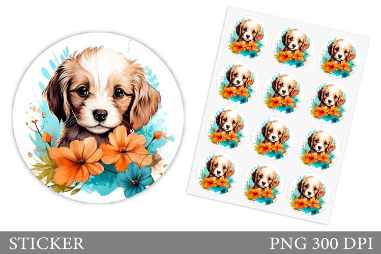 Cute Dog Sticker Design. Dog Flowers Sticker Template