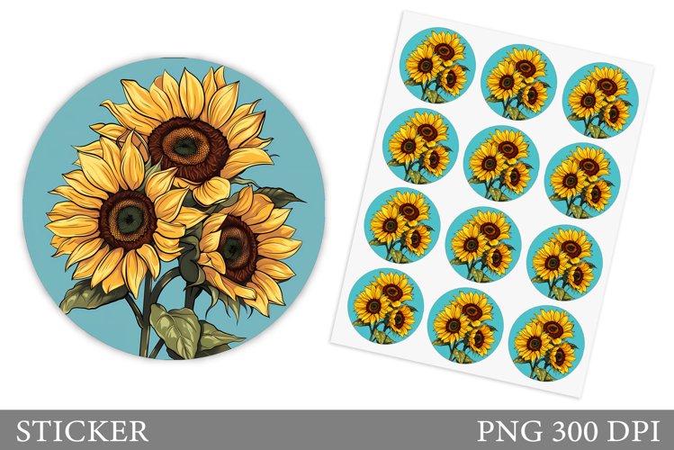 Sunflowers Sticker Design. Summer Round Sticker (3858107)