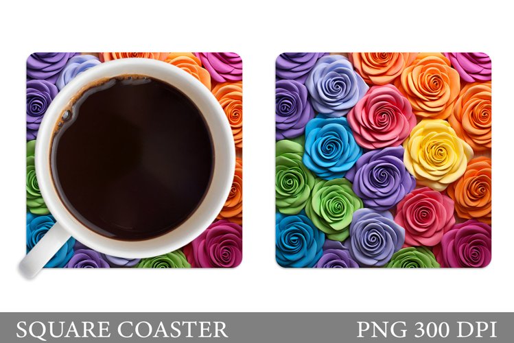 Rose Square Coaster Design. Rainbow Rose Coaster Sublimation