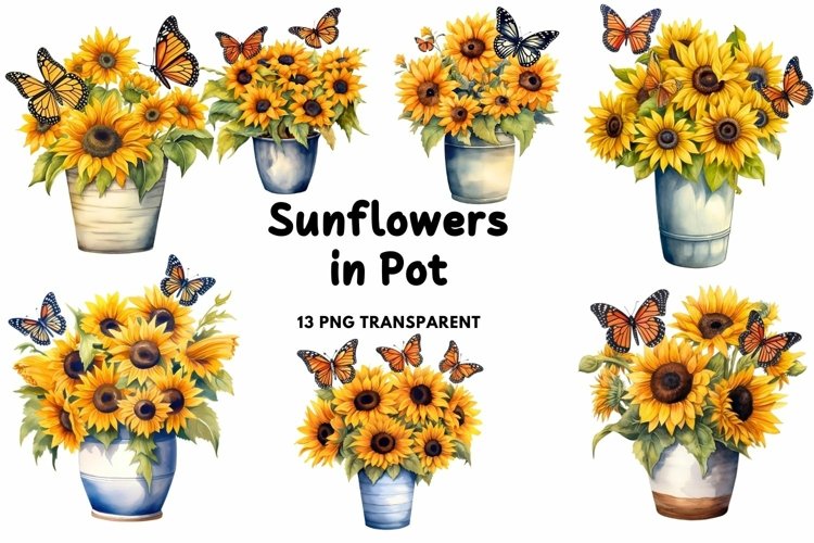 Sunflowers in Pot / Watercolor clipart