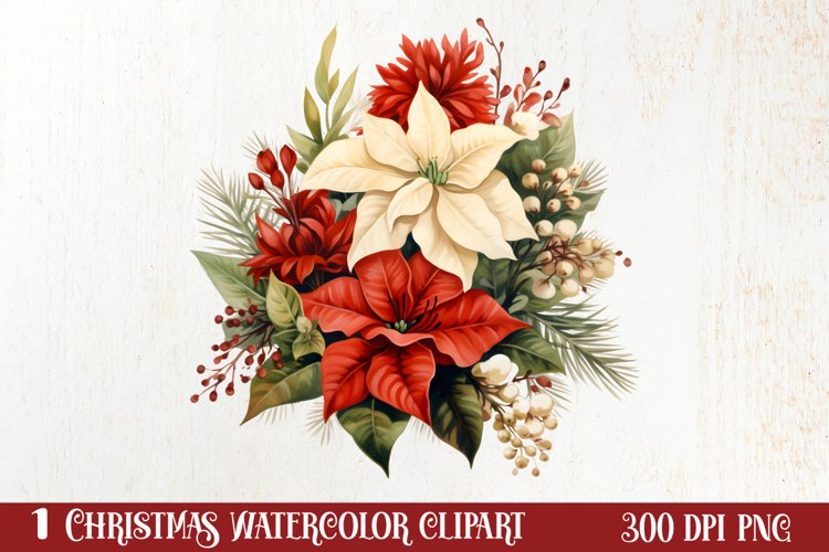 Christmas Flowers Watercolor Clipart Bundle, Christmas Flowe