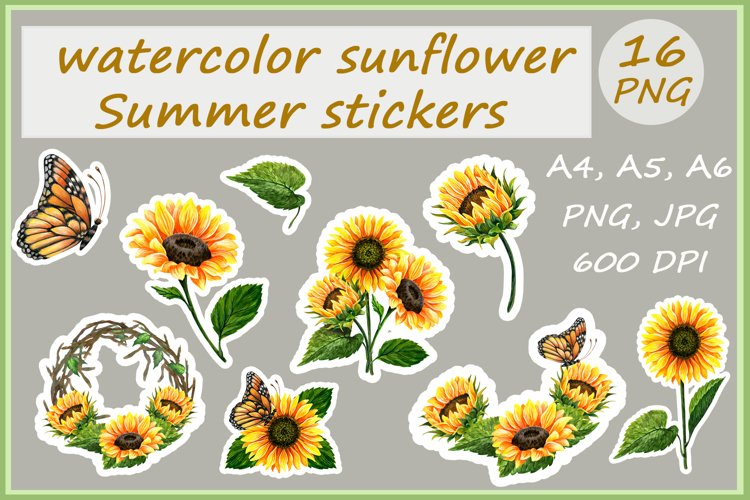 16 sunflower watercolor stickers