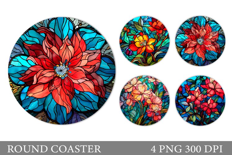 Stained Glass Flowers Round Coaster. Flowers Coaster Design