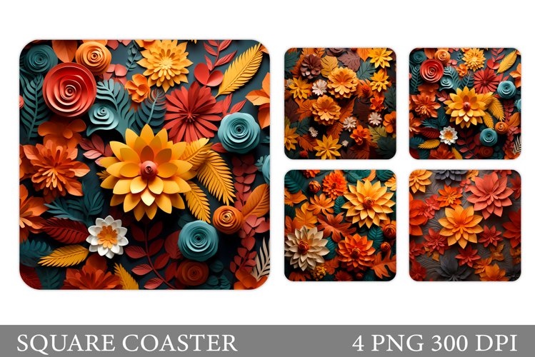 3D Flowers Coaster Sublimation. Orange Flower Square Coaster