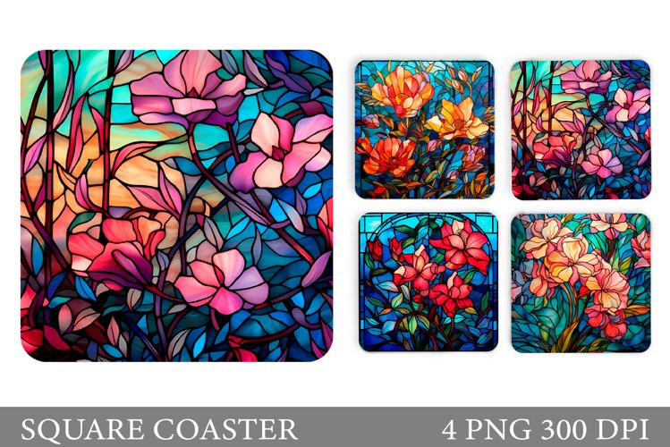 Stained Glass Flower Square Coaster. Flowers Coaster Design