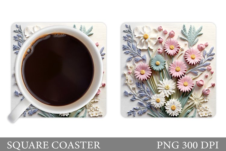 Flowers Square Coaster Design. 3D Flowers Coaster Template