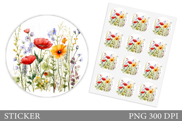 Wildflowers Sticker Design. Flowers Round Sticker (3345706)
