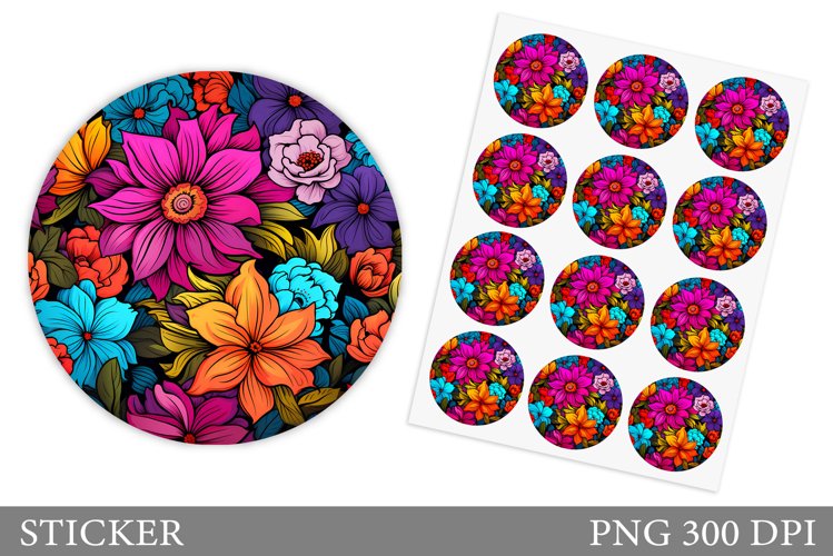 Flowers Sticker Design. Colorful Flowers Round Sticker
