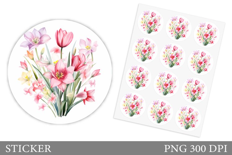 Spring Flowers Sticker Design. Flowers Round Sticker