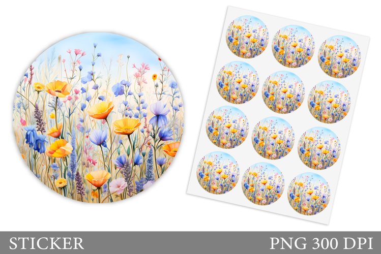 Wildflowers Sticker Design. Round Sticker Flowers (3345707)