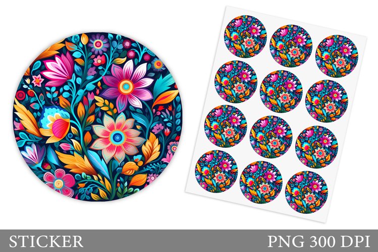 Flowers Sticker Design. Floral Round Sticker (3478034)