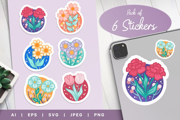 Various Types of Flowers, Round Sticker Pack of 6 Designs