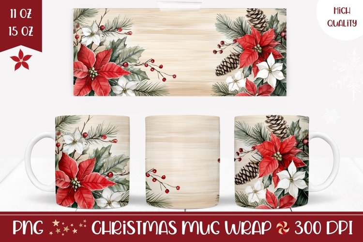 Poinsettia Mug Design, Christmas Coffee Mug Wrap