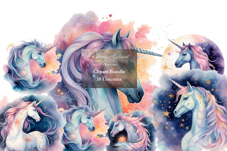 Watercolor Celestial Unicorn Clipart Bundle