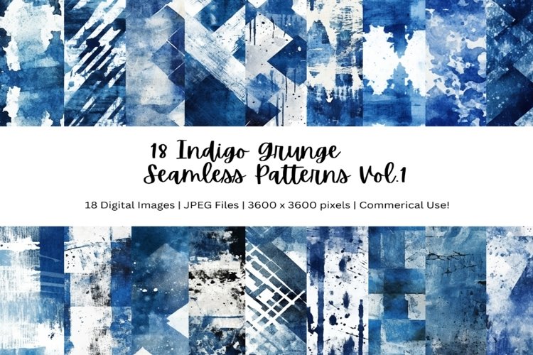 18 Indigo Grunge Seamless Patterns - 300DPI