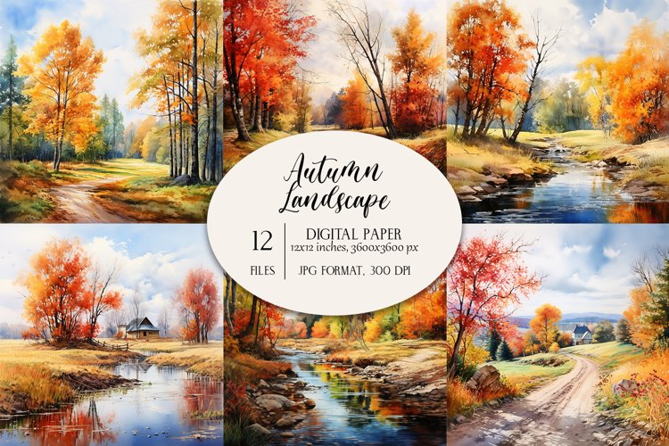 Watercolor Autumn Landscape Digital Paper