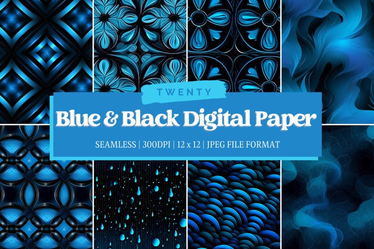 Blue and Black Digital Paper Bundle, Craft Paper