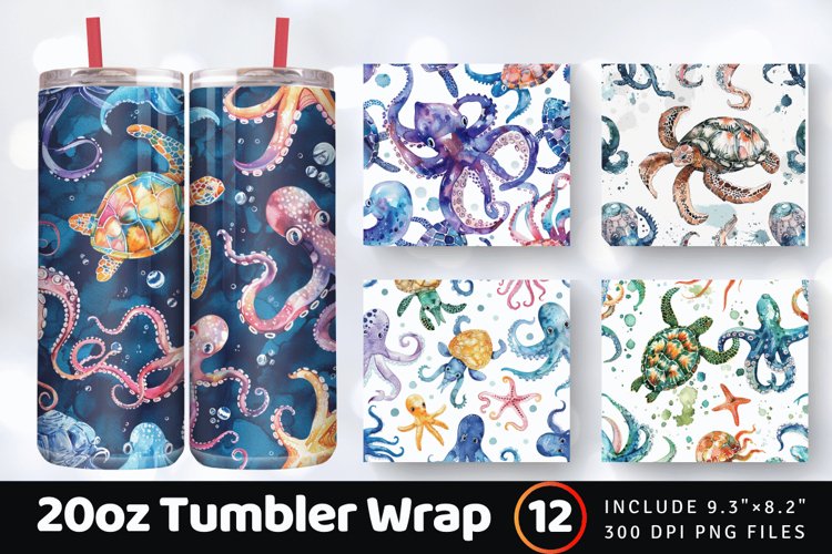 Watercolor Turtle and Octopus Tumbler Wrap, 20oz Skinny Tumb