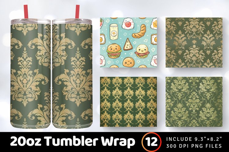 Muted Green and Gold Damask Tumbler Wrap, 20oz (5037601)