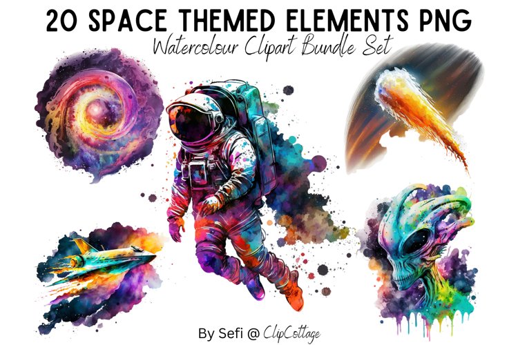 20 Space Themed Elements Watercolour Clipart PNG Bundle Set