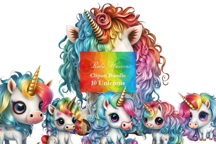 Baby Unicorn Clipart Bundle, Png Fantasy, Rainbow Unicorns