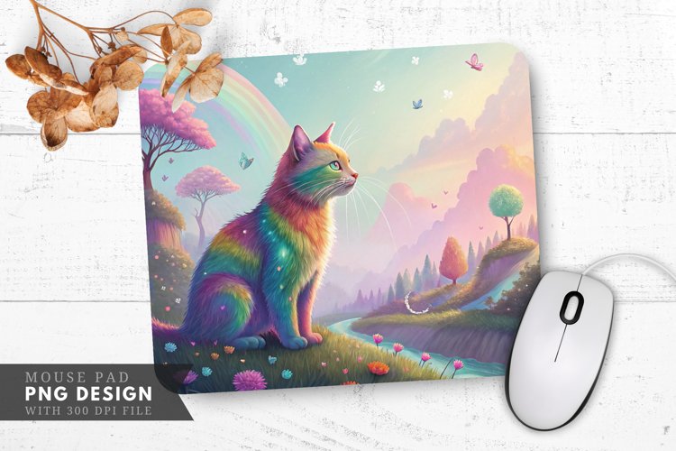 Whimsical Rainbow Cat in a Mystical Landscape Mouse Pad PNG