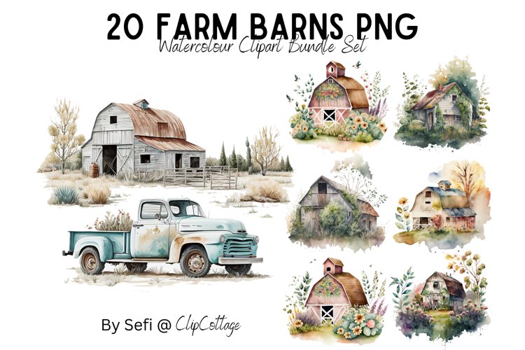 20 Rustic Farm Barns Watercolour Nature Clipart PNG Bundle