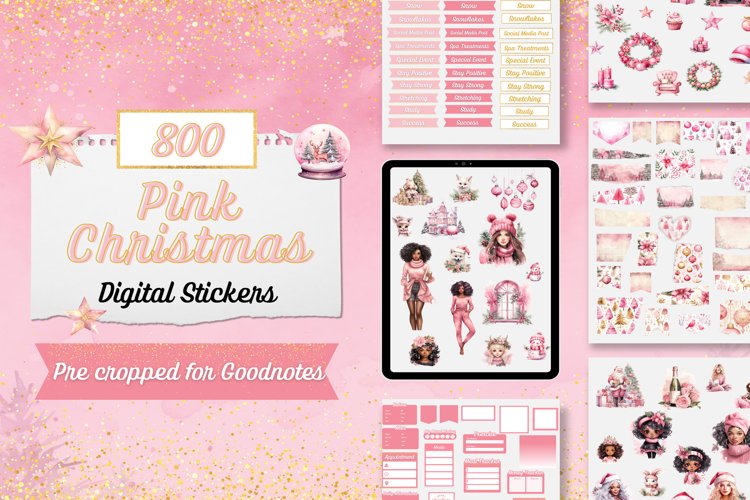 Pink Christmas Holiday Stickers, Digital Sticker Pack