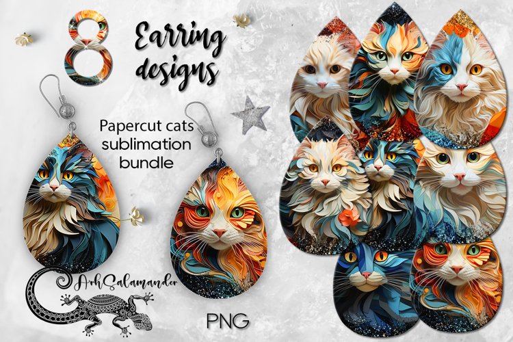 3D Papercut Cats | 8 Teardrop earring Sublimation designs