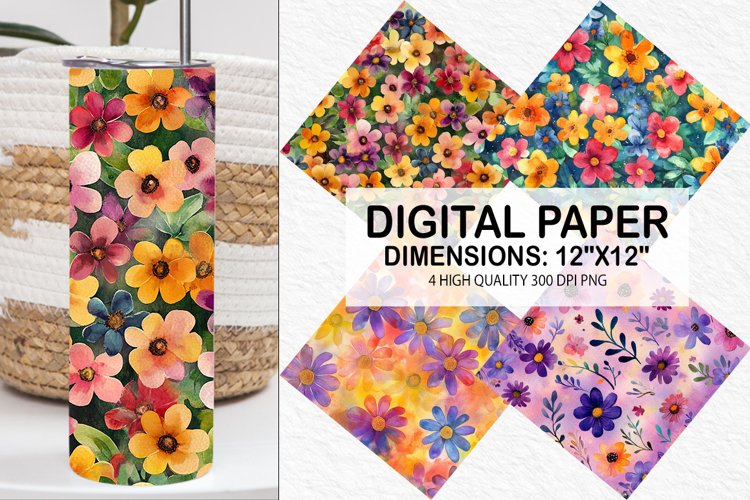 Funky Watercolor Flowers Digital Paper- Flowers Background