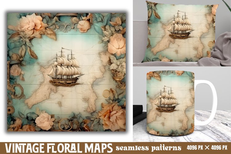 Vintage Floral Maps Seamless Patterns Backgrounds,