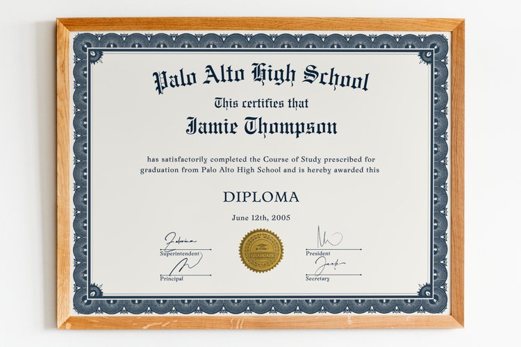 HS Diploma, University, College diploma, GED, blue frame